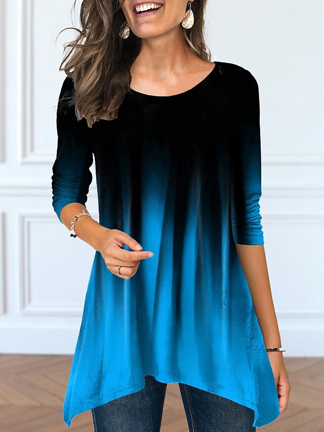 Women's Tunic T Shirt Color Gradient Tunic Basic Long Sleeve Round Neck ...