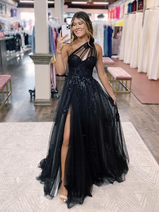 A-Line Black Prom Dresses Color Block Dress Formal Wedding Guest Sweep ...