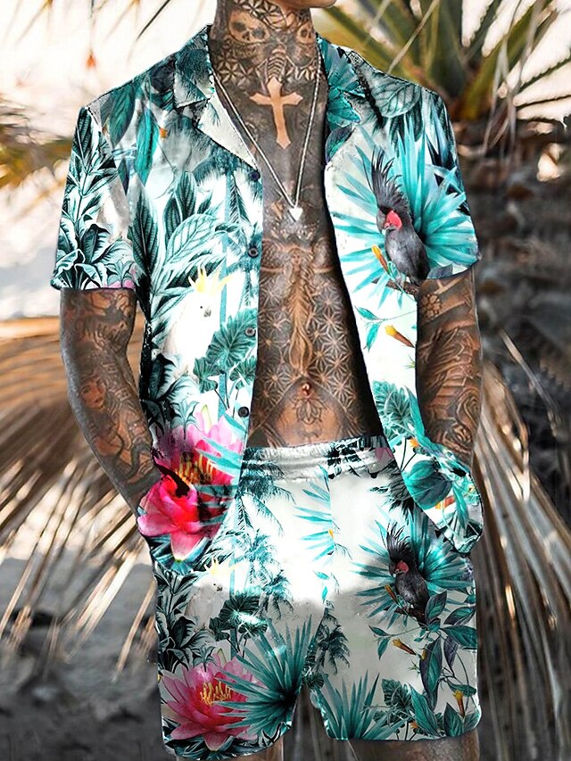 Men's Floral Flamingo 2pcs Shirts Sets Summer Hawaiian Shirt Short ...