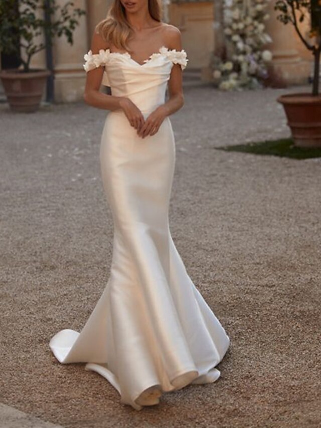 Engagement Formal Wedding Dresses Sheath Off Shoulder Cap Sleeve Court ...