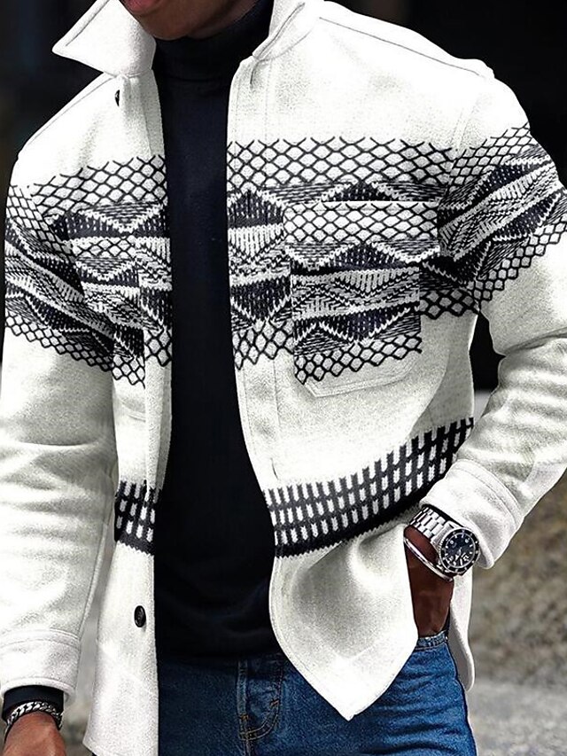 Men's Geometric Pattern Geometry Shirt Shirt Jacket Overshirt Long ...