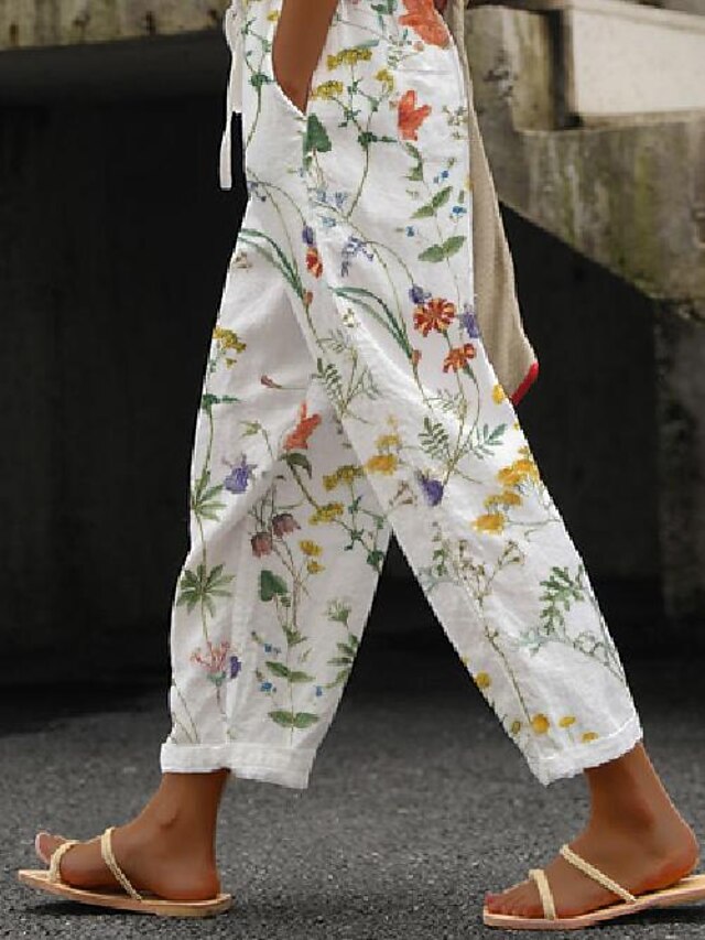 Women's Linen Like Pants Baggy Pants Casual Daily Long Floral ...