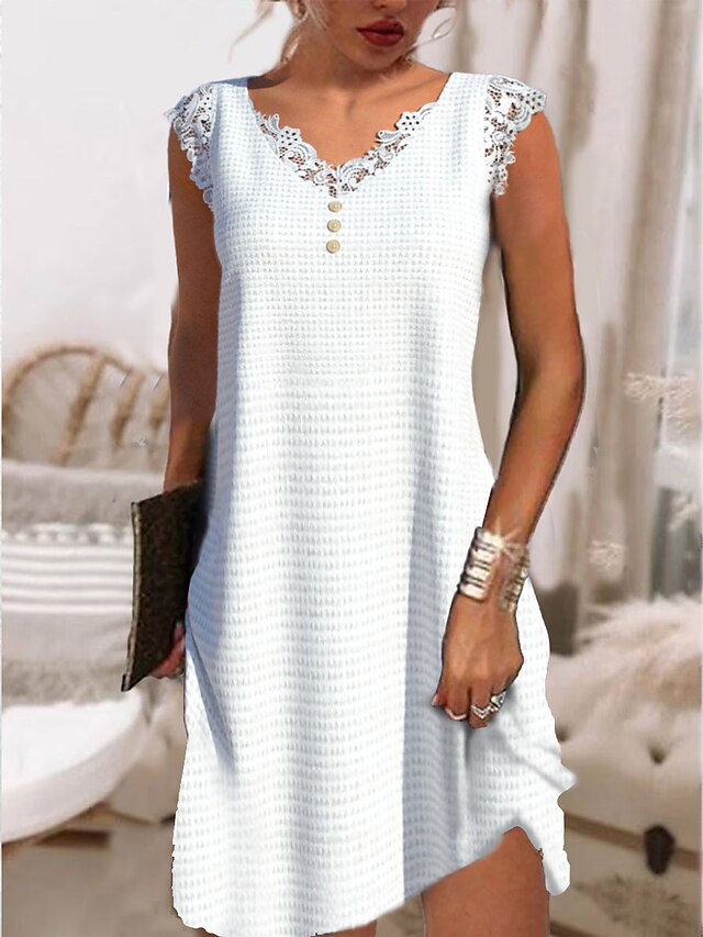 Women's Casual Dress Lace Dress White Dress Plain Lace Patchwork V Neck ...