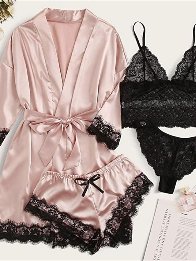 dam pyjamasset i satin siden pyjamas för kvinnor 4 delar ren färg enkel ...