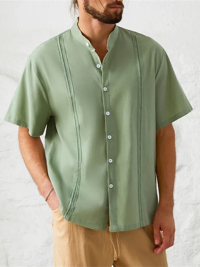 Men's Summer Shirt Beach Shirt Green Short Sleeve Plain Standing Collar ...