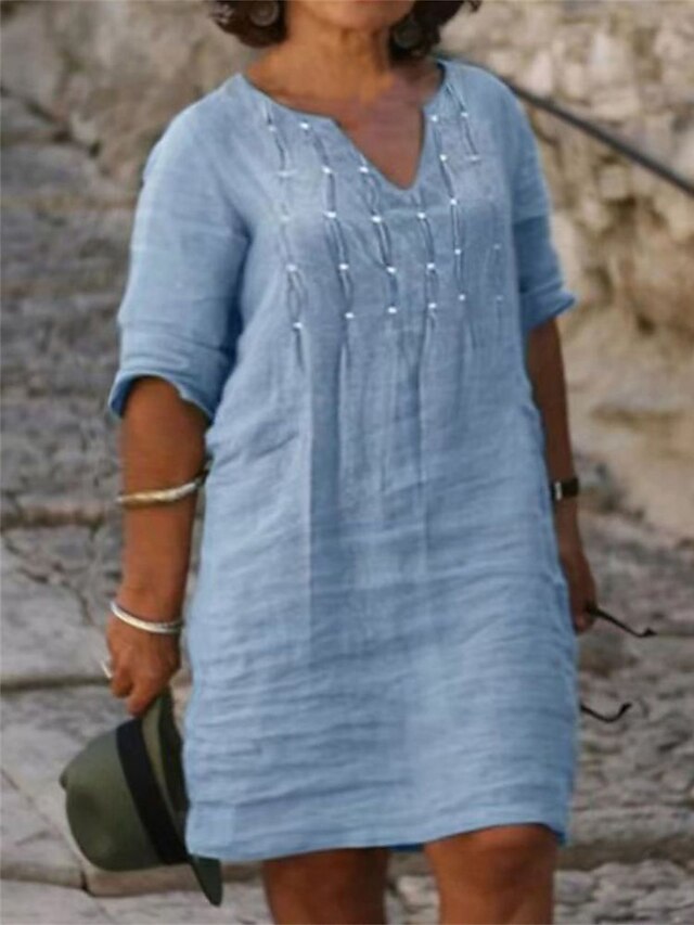 Women's Plus Size Cotton Linen Dress Casual Dress Shift Dress Solid ...