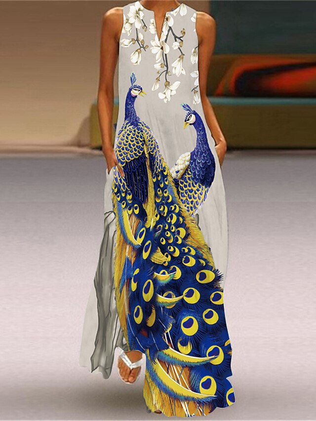 Damen kleid lang Casual kleid Kleid drucken Blumen Pfau Fische Strassenmode Brautkleider ...