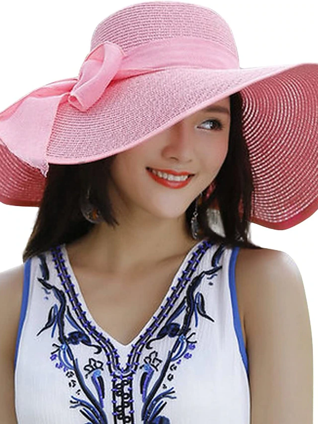 1 Pcs Womens 5 5 Inches Big Bowknot Straw Hat Large Floppy Foldable
