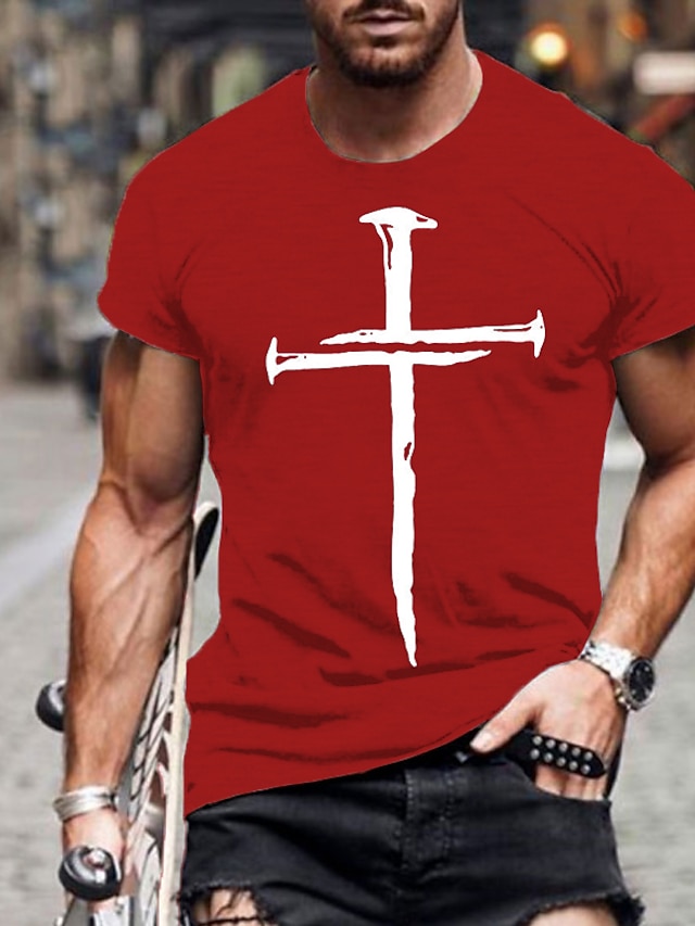 Men's Casual Short Sleeve Graphic T-Shirt with Beige Nail Cross Faith ...