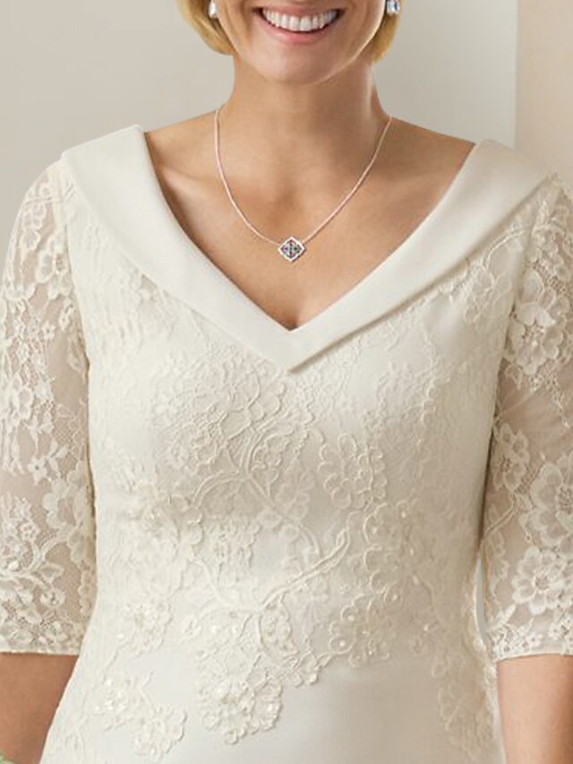 Beach Wedding Mature Modest Wedding Dresses Sheath V Neck Half Sleeve ...