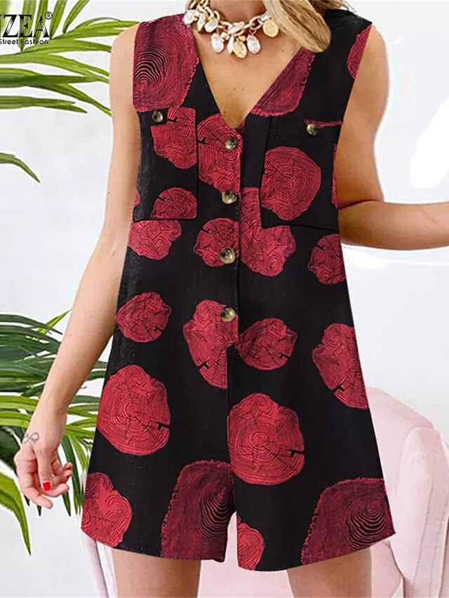 Women's Romper Button Print Floral V Neck Holiday Daily Vacation ...