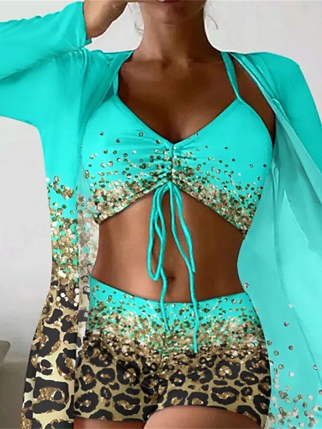 Damen Normal Badeanzug Bikinis Zudecken Bademode 3 Teile Print Strandbekleidung Sommer Leopard ...