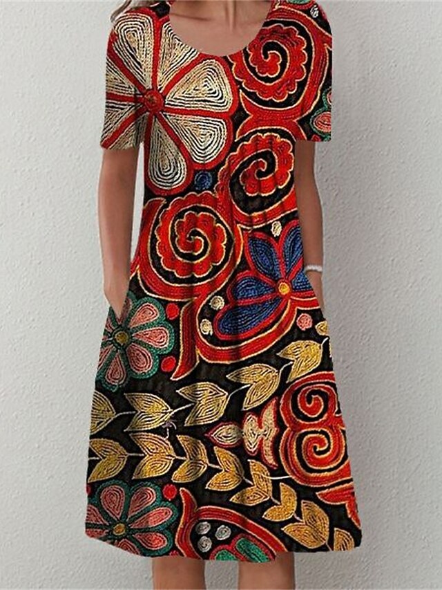 Dames Zomerjurk Jurk met print Geplooide jurk Bloemig Met ruches Zak Strakke ronde hals ...