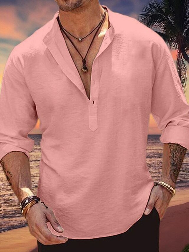 Men's Shirt Linen Shirt Popover Shirt Summer Shirt Beach Wear Band ...