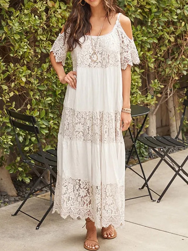 Dame Lang kjole Maxikjole Uformell kjole Blonde kjole Hvit kjole عادي ...