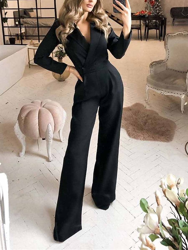 Women's Jumpsuit for Special Occasions Pocket High Waist Solid Color V ...