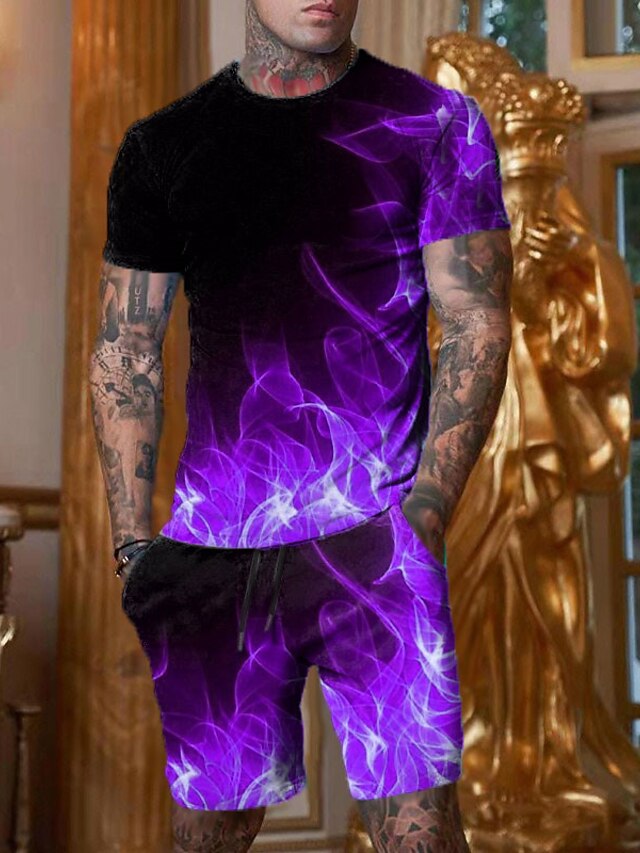 Men's Graphic Color Block Flame 2pcs Tees sets Matching Sets Short ...