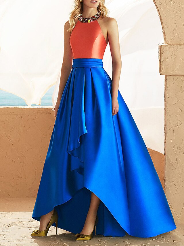 A-Line Evening Gown Color Block Dress Formal Wedding Guest Asymmetrical ...