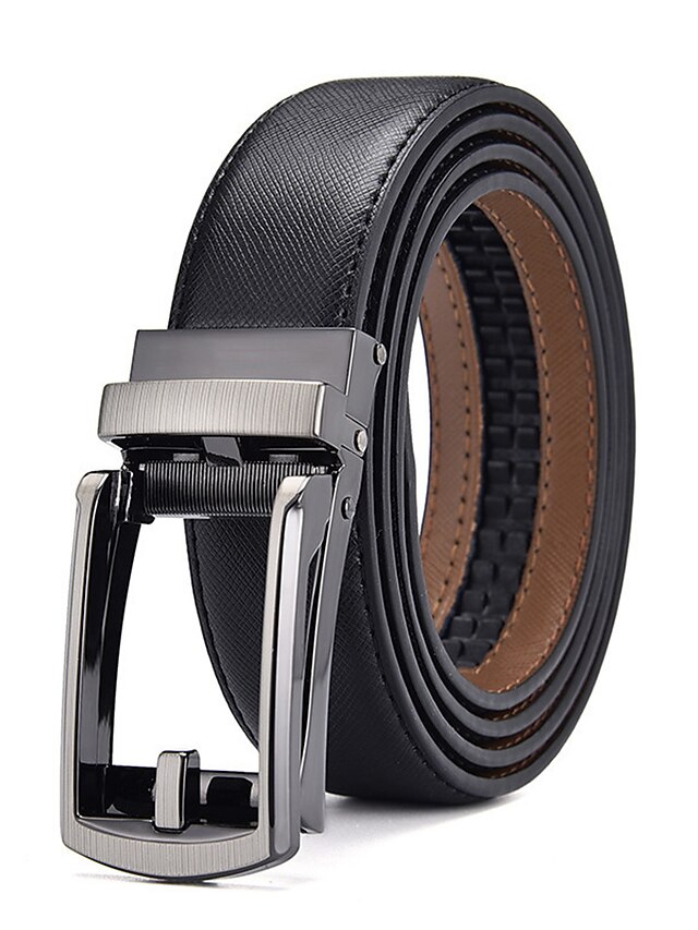 Men's Leather Belt Ratchet Belt Cowhide Retro Traditional Plain Black ...