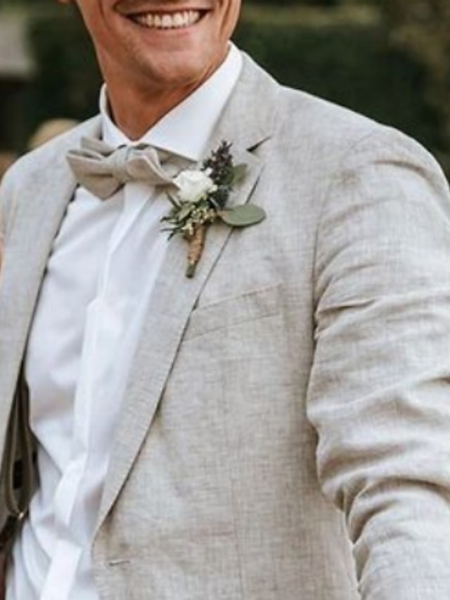 Men's Wedding Beach Linen Suits Notch Beige Solid Colored Tailored Fit ...