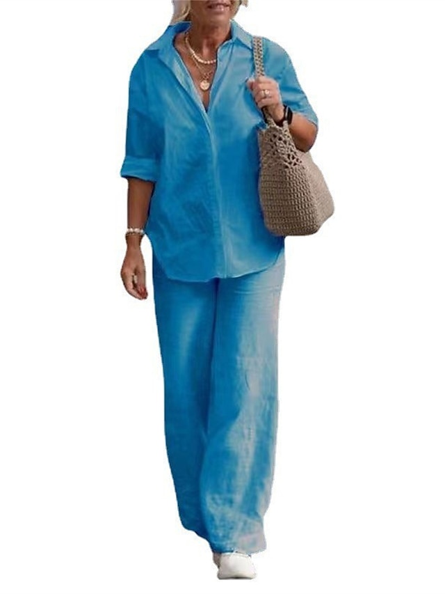 Women's 100%cotton Shirt Cotton Linen Sets Two Piece Sets Long Sleeve ...