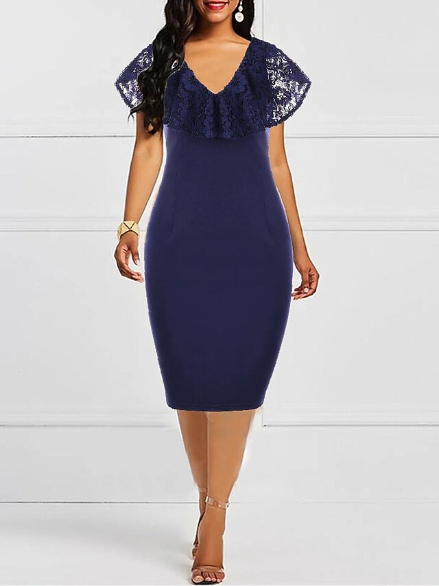 Damen Arbeitskleidung Etuikleid Semi formelles Kleid Modisch Midikleid Patchwork V Ausschnitt ...