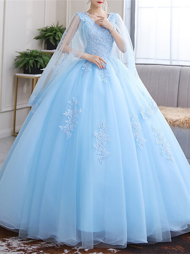 Ball Gown Floor Length Prom Dresses Princess Puffy Short Sleeve V Neck ...