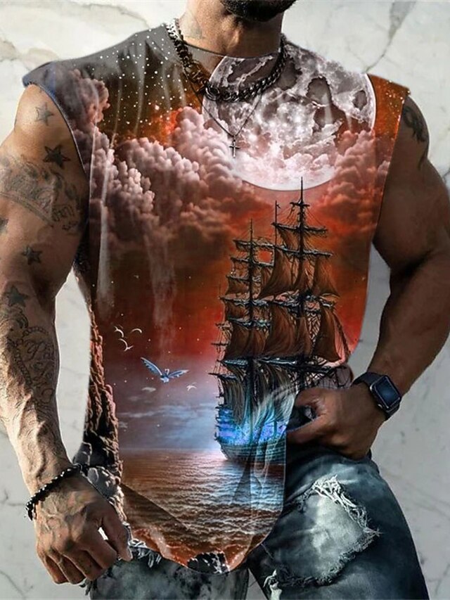 Men's Graphic Cloud Ship Nautical Vest Top Sleeveless T Shirt for Men ...