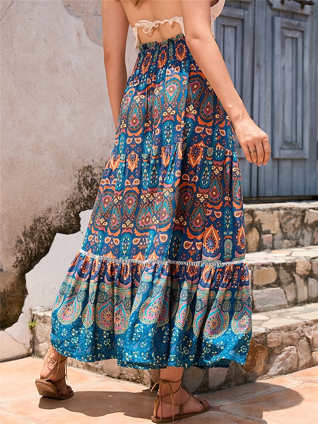Women's Skirt Swing Bohemia Maxi High Waist Skirts Pleated Print Color ...