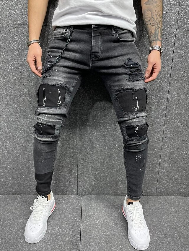 Herren Jeans Eng Hose Hosen Tasche Zerrissen Glatt Komfort Atmungsaktiv ...