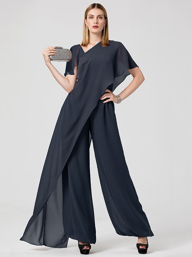 Jumpsuits Evening Gown Elegant Dress Summer Floor Length Short Sleeve V ...