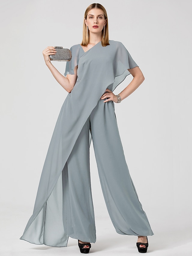 Jumpsuits Evening Gown Elegant Dress Summer Floor Length Short Sleeve V ...