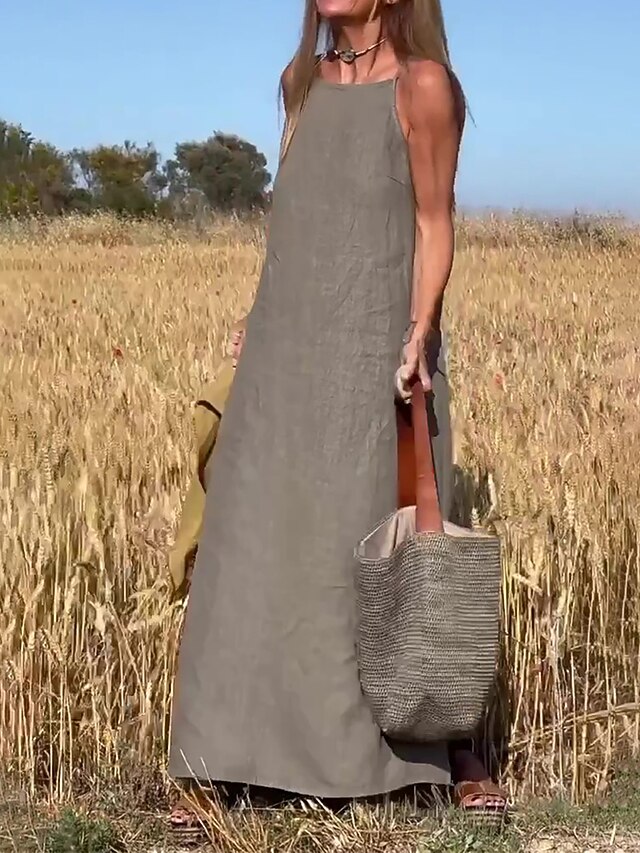 Mujer Naranja Gris Verano Primavera Vestido largo maxi Vestido informal Vestido de lino de ...