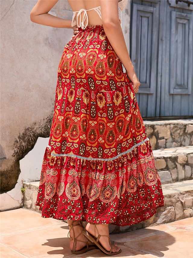 Women's Skirt Swing Bohemia Maxi High Waist Skirts Pleated Print Color ...