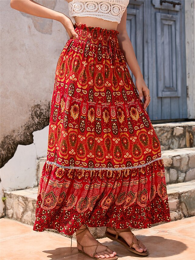 Women's Skirt Swing Bohemia Maxi High Waist Skirts Pleated Print Color ...