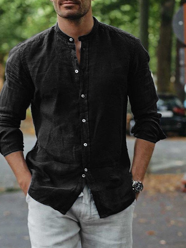 Men's Shirt Summer Shirt Button Up Shirt Casual Shirt Band Collar Shirt ...