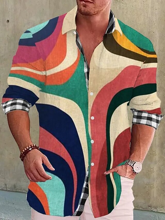 Men's Gradient Geometric Pattern Marble Shirt Button Up Shirt Long ...