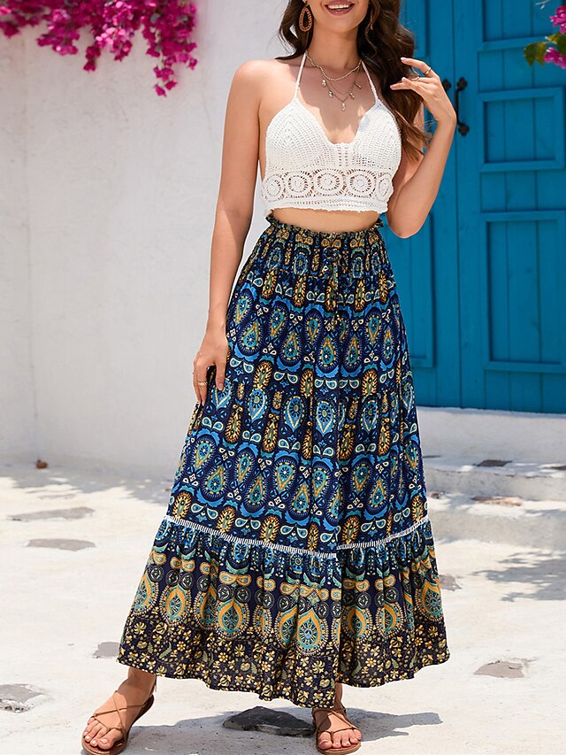 Women's Skirt Swing Bohemia Maxi High Waist Skirts Pleated Print Color ...
