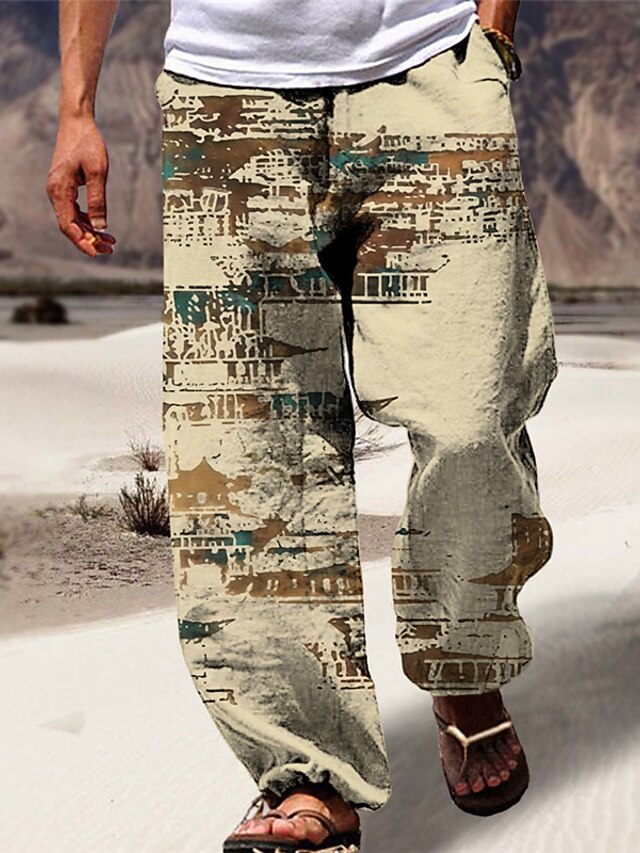 Men's Trousers Summer Pants Beach Pants Drawstring Elastic Waist 3D ...