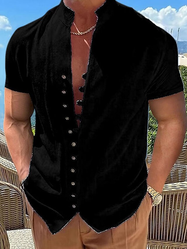 Men's Shirt Linen Shirt Calico Shirt Beach Wear Button Up Shirt Hooded ...