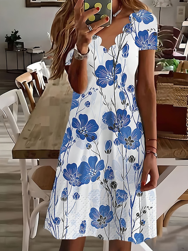 Damen Casual kleid Etuikleid Midikleid Weiß Marineblau Blau Kurzarm Blumen Bedruckt Frühling ...