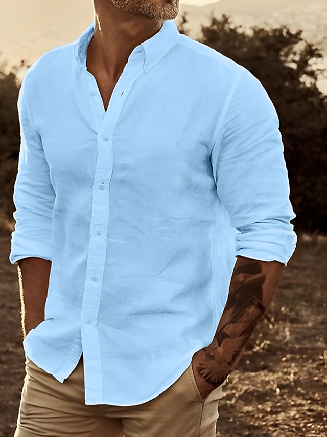 Men's Linen Shirt Summer Shirt Beach Wear Button Up Shirt White Yellow ...