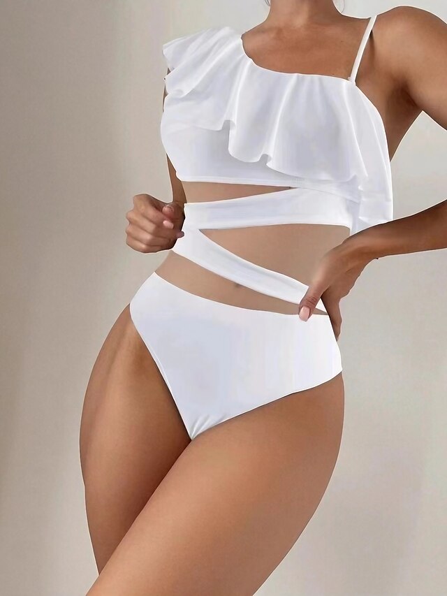 Stilvolle Damen Sexy Mesh Bademode Mit Rüschen Schräger Schulter