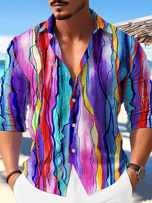 Men's Color Block Gradient Geometric Pattern Shirt Button Up Shirt Long ...