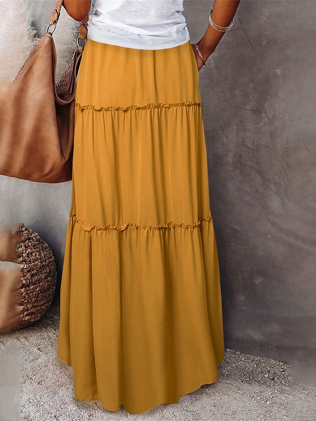 Women's Fashion Casual Maxi High Waist Skirts Solid Colored Ruched ...