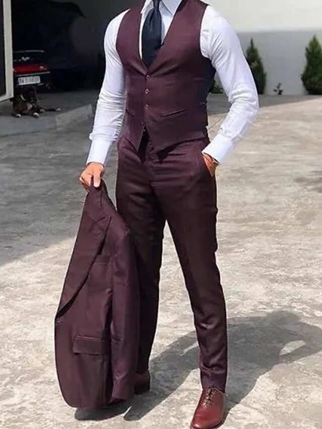 Blue Burgundy Gray Men's Wedding Prom Party Suits 3 Piece Solid Colored ...