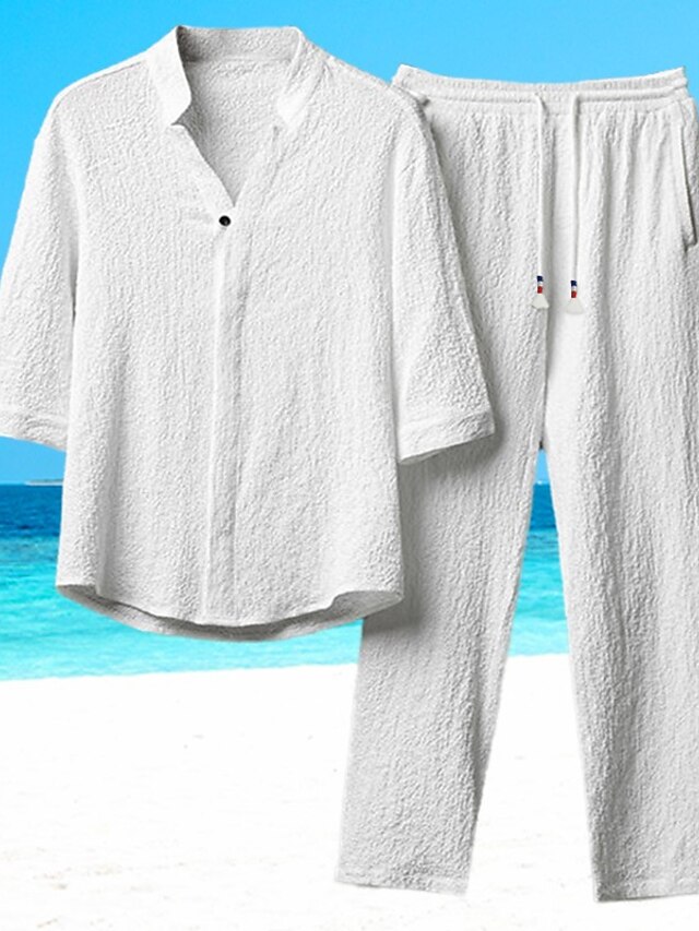Men's 2 Piece Shirt Set Summer Set Casual Shirt Black White Gray Long ...