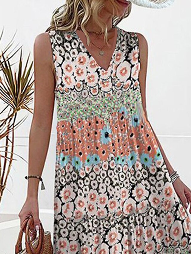 Women's Tank Dress Summer Dress Floral Color Block Print Pocket Strap ...