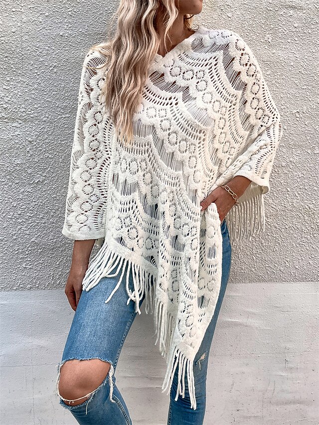 Women's Shrug V Neck Crochet Knit Acrylic Tassel Fall Winter Cropped ...