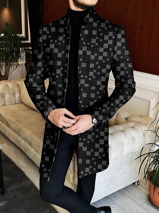 Men's Color Block Geometry Argyle Winter Coat Overcoat Coat Warm ...